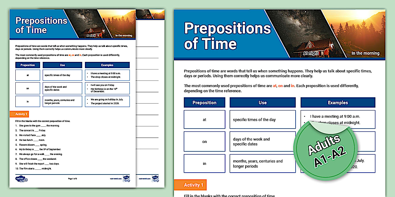 ESL Prepositions of Time Activity Sheet [Adults, A1-A2]