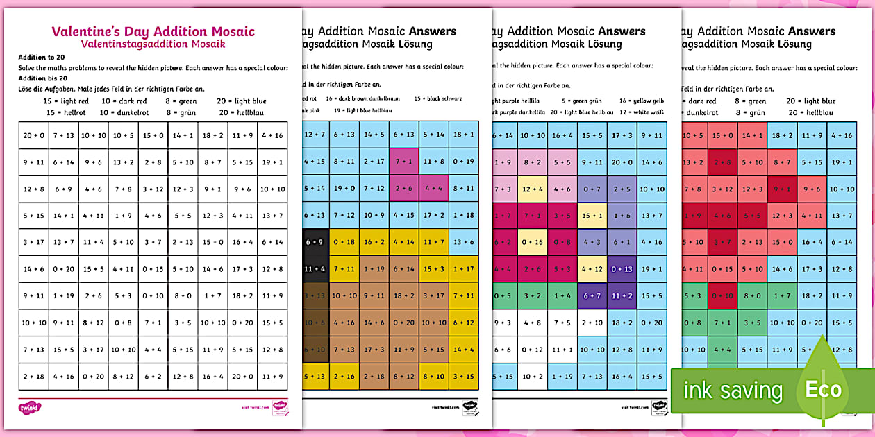 Valentine's Day Themed Addition Mosaics Worksheets English/German