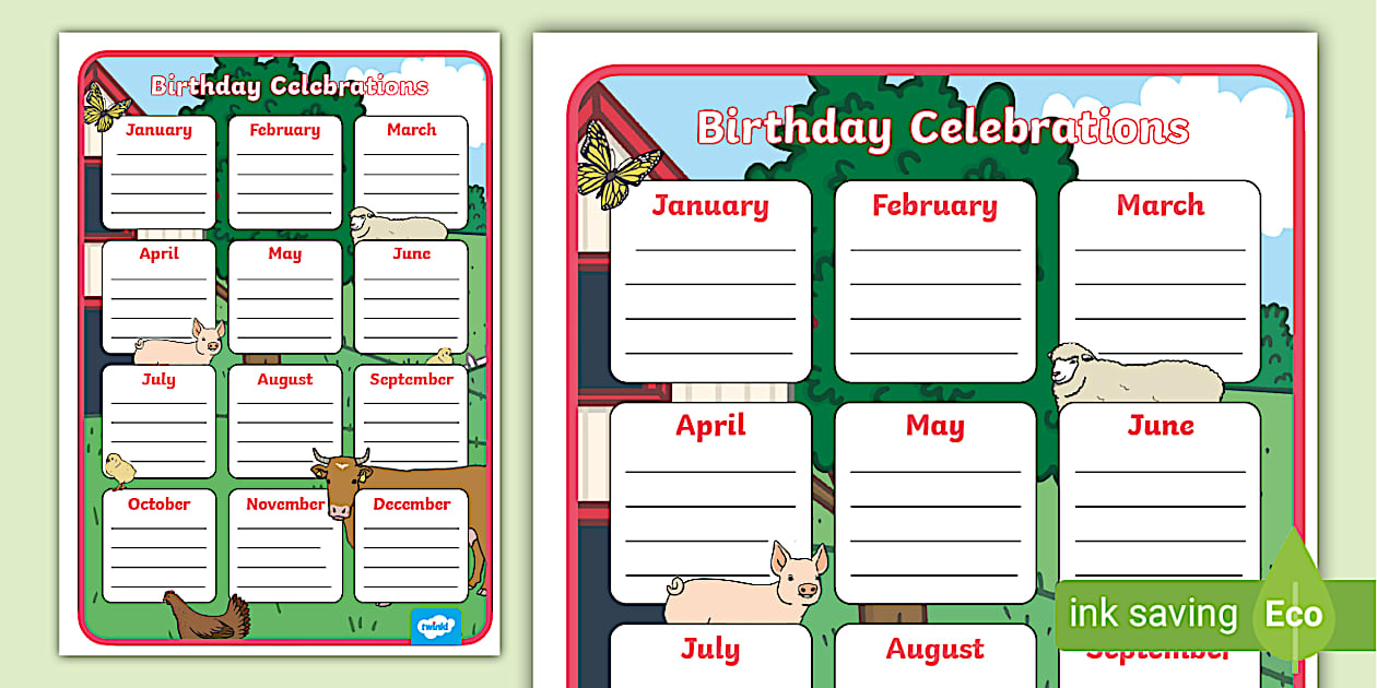 Farm Animal's Birthday Chart | Twinkl (teacher made)