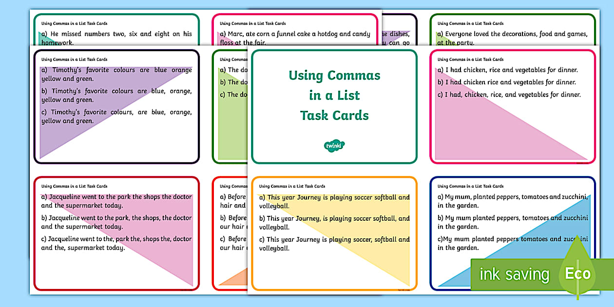 Using Commas in a List Task Cards (teacher made) - Twinkl