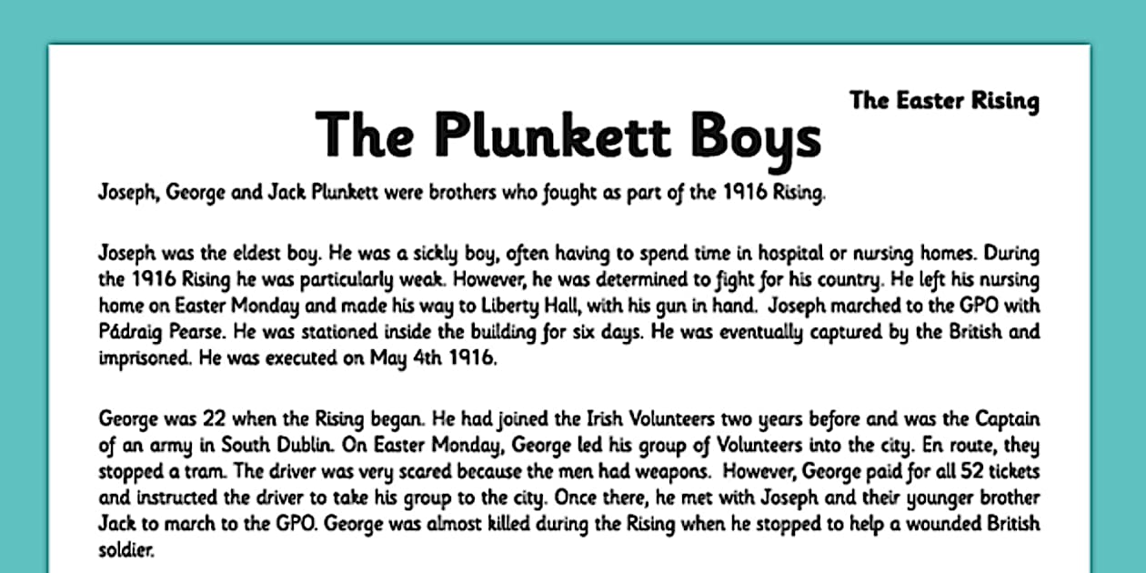 Irish History 1916 Rising The Plunkett Boys Comprehension Worksheet