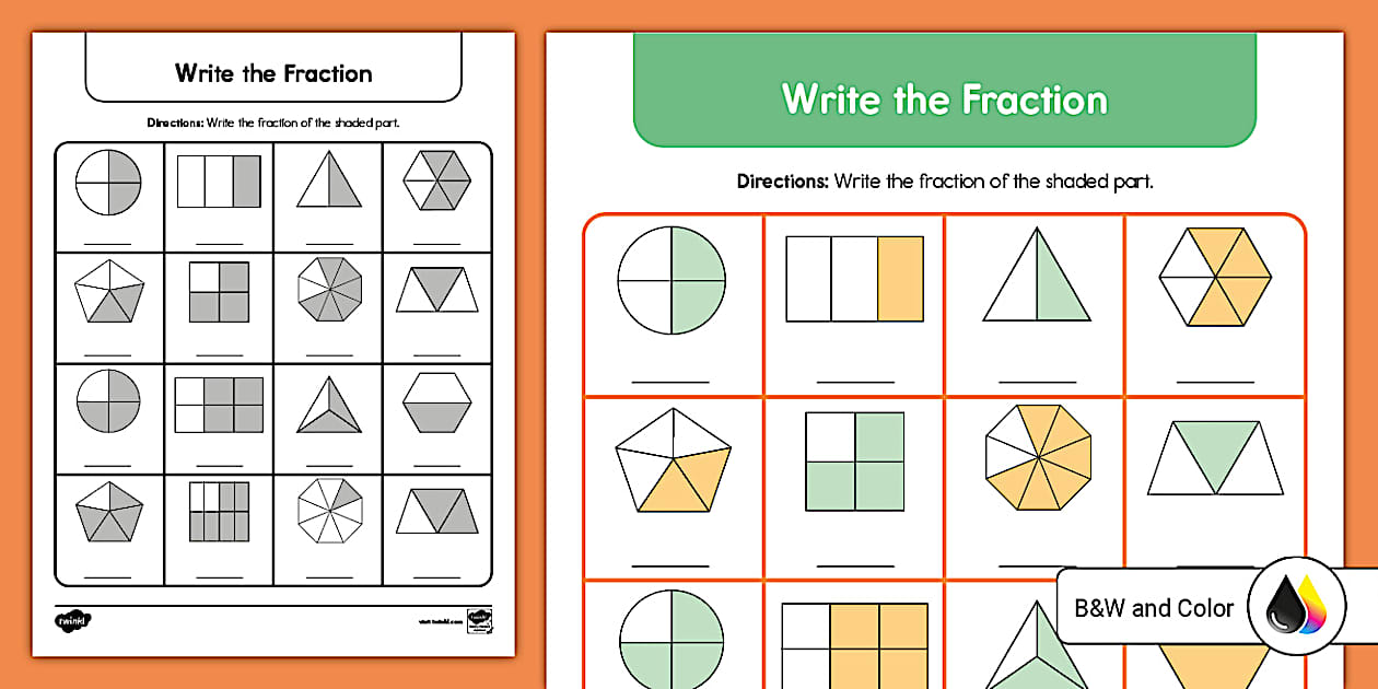 Second Grade Write the Fraction Activity Sheet - Twinkl