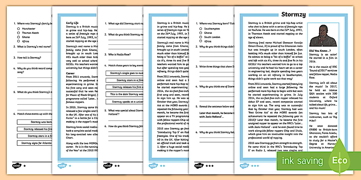Higher Ability UKS2 Stormzy Differentiated Reading Comprehension Activity