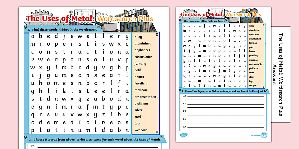 The Uses of Metal: Wordsearch Plus (teacher made) - Twinkl