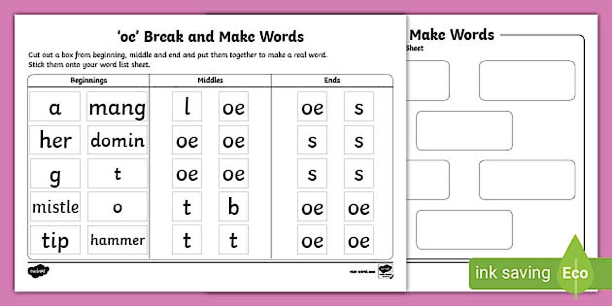 'oe' Break and Make Words Worksheet (teacher made) - Twinkl