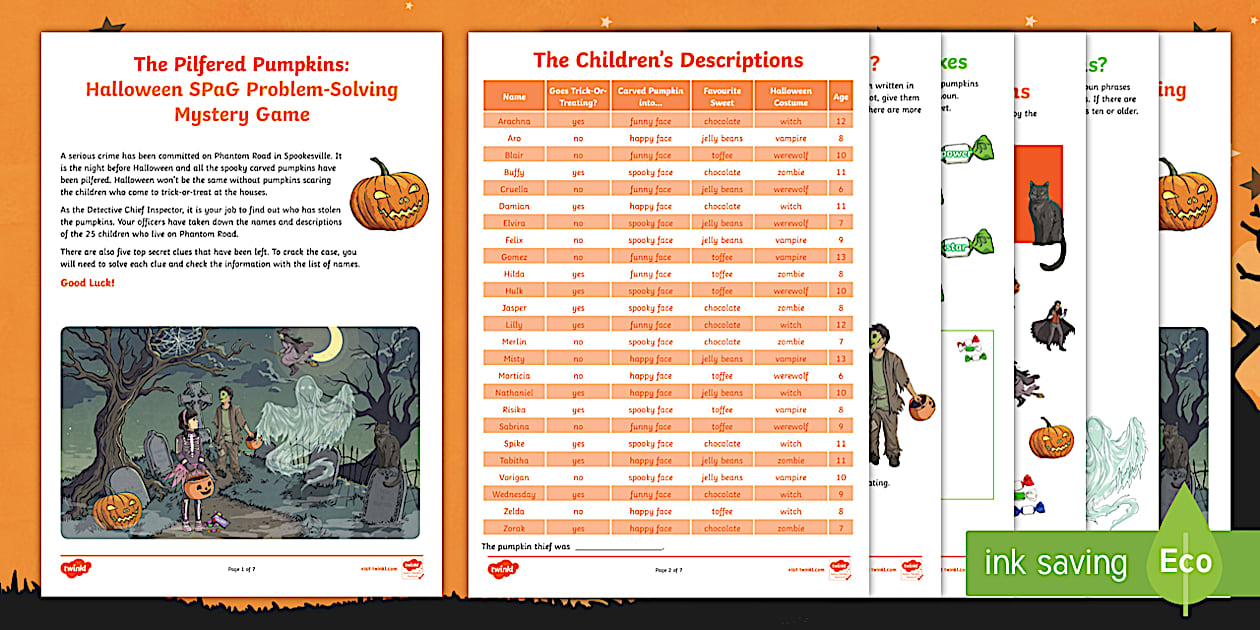 LKS2 The Pilfered Pumpkins: Halloween SPaG Problem-Solving Mystery Game