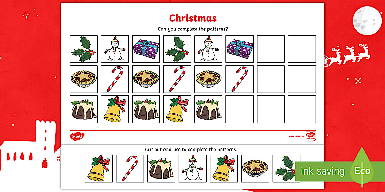 Christmas Aistear Complete the Pattern Worksheet - Twinkl