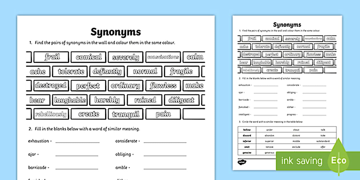 5th and 6th Class Matching Synonyms Worksheet (teacher made)