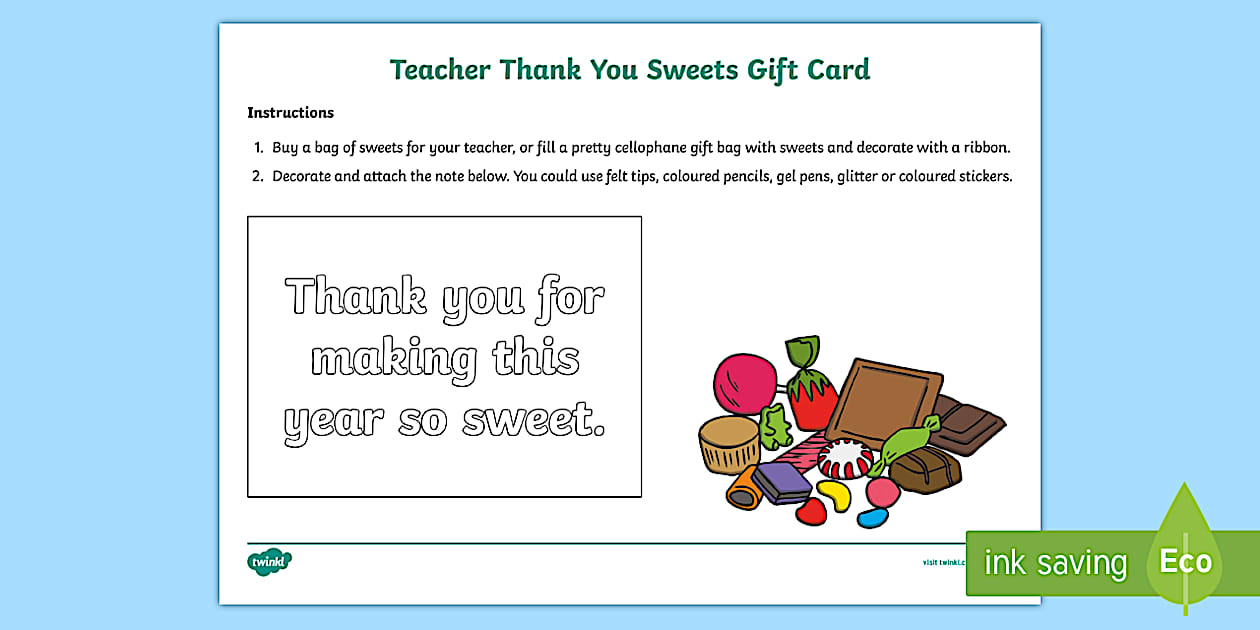 Teacher Thank You Sweets Gift Card Template - Twinkl