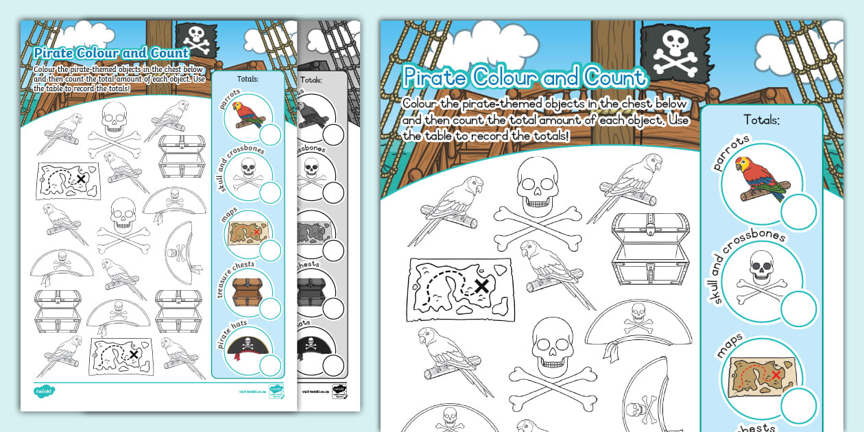Pirate Colour and Count Worksheet (Teacher-Made) - Twinkl