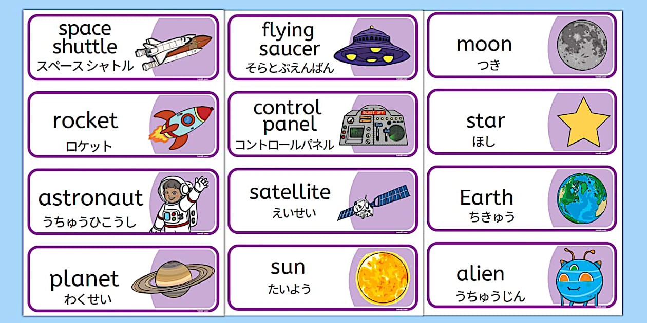 Space Word Cards English and Japanese 宇宙 カード 英語と日本語