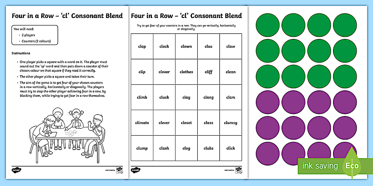 Black and White Four in a Row 'cl' Blends Activity