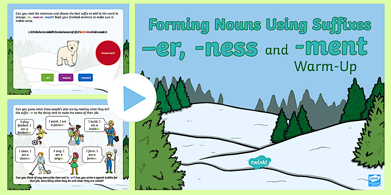 Year 2 Forming Nouns Using Suffixes -er, -ness and -ment Warm-Up PowerPoint