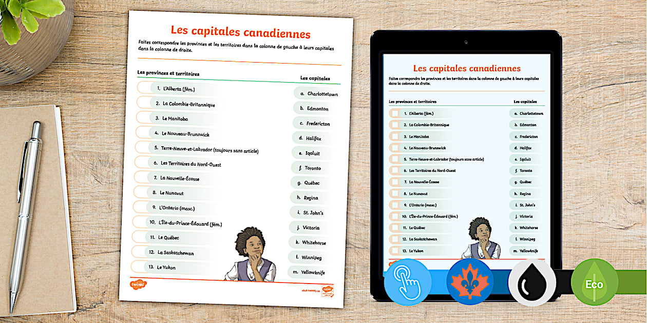 Canadian Capital Cities Matching Worksheet French