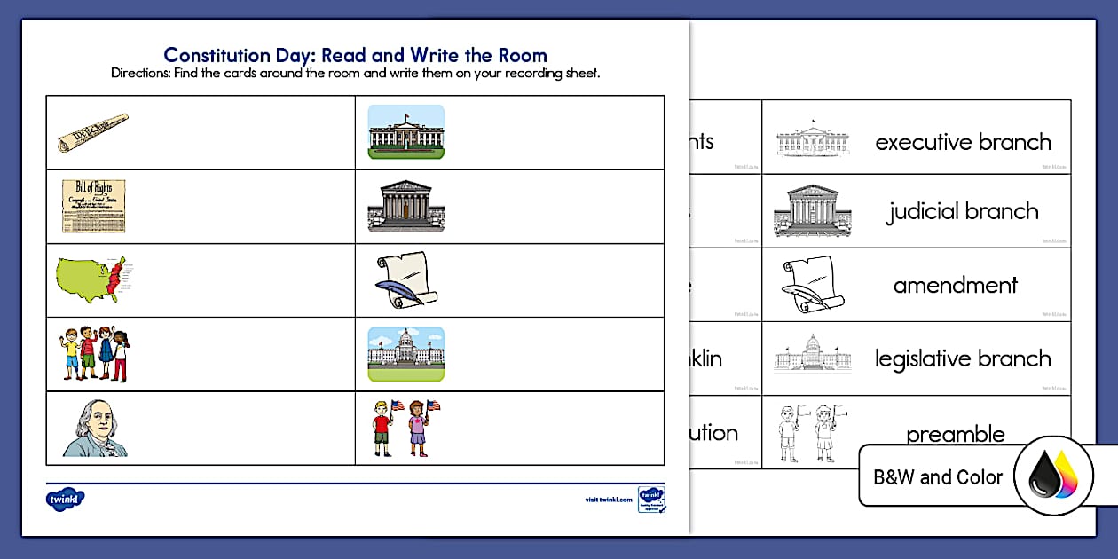Constitution Day: Read and Write the Room Worksheet - Twinkl