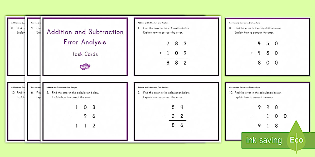 Second Grade Addition and Subtraction Find the Error Task Cards