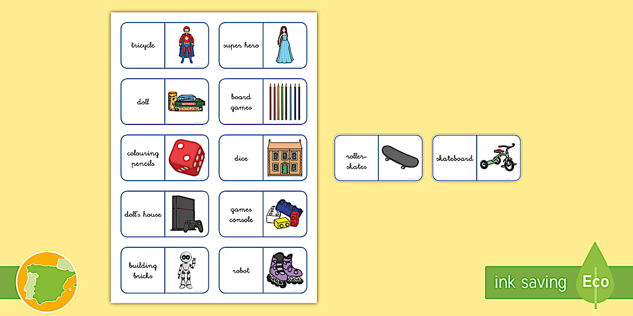 A1 Dominó: Los juguetes en inglés - Twinkl