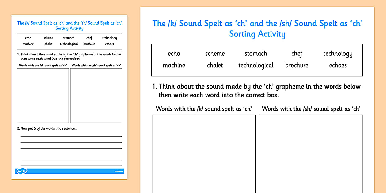 Words With k Sound Spelt ch With sh Sound Spelt ch Sort Activity