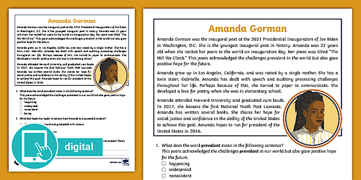 Fifth Grade Amanda Gorman Reading Comprehension - Twinkl