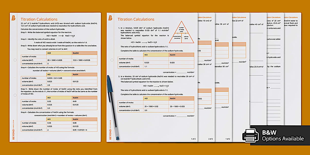 Titration Calculations Worksheet (teacher made) - Twinkl
