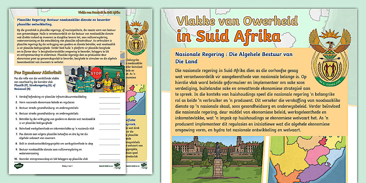 Vlakke van Owerheid in Suid-Afrika Leesbegrip - Twinkl