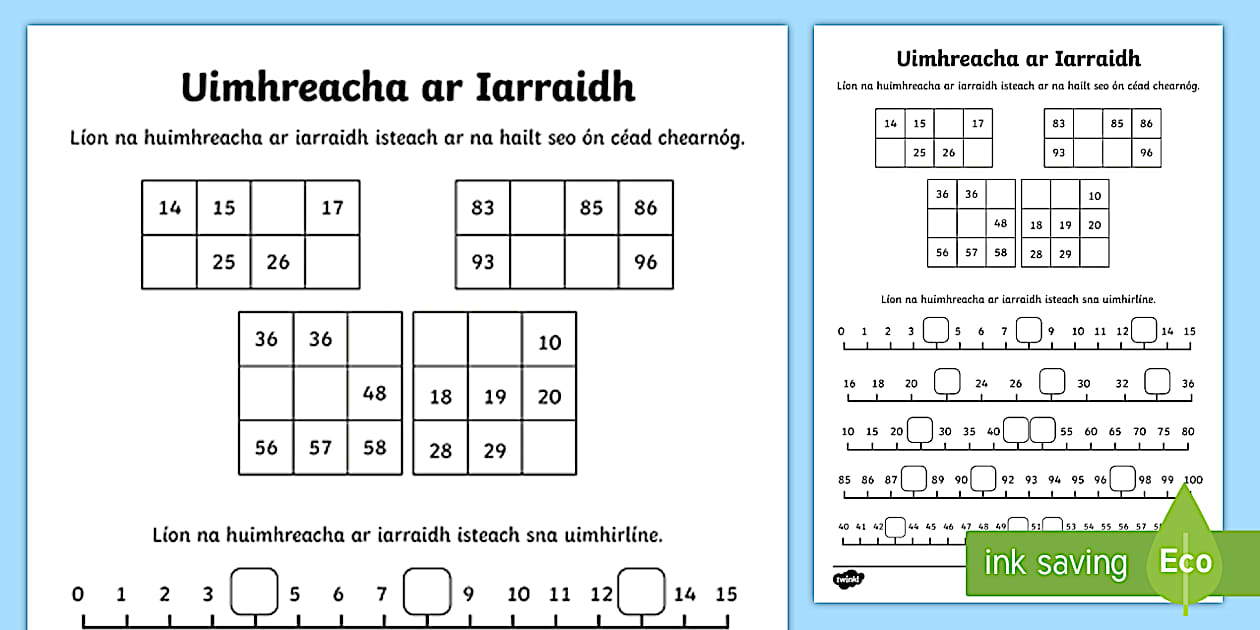 Bileog Oibre: Uimhreacha ar Iarraidh (Hecho por educadores)