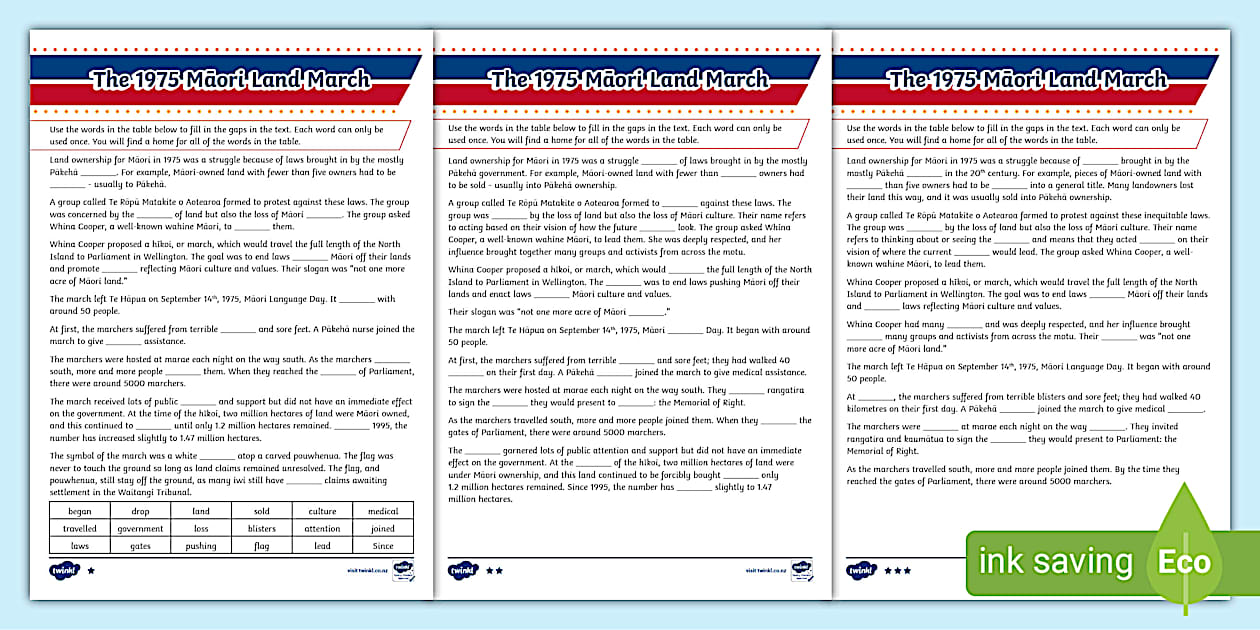 Year 5-8 Differentiated Cloze - The 1975 Māori Land March