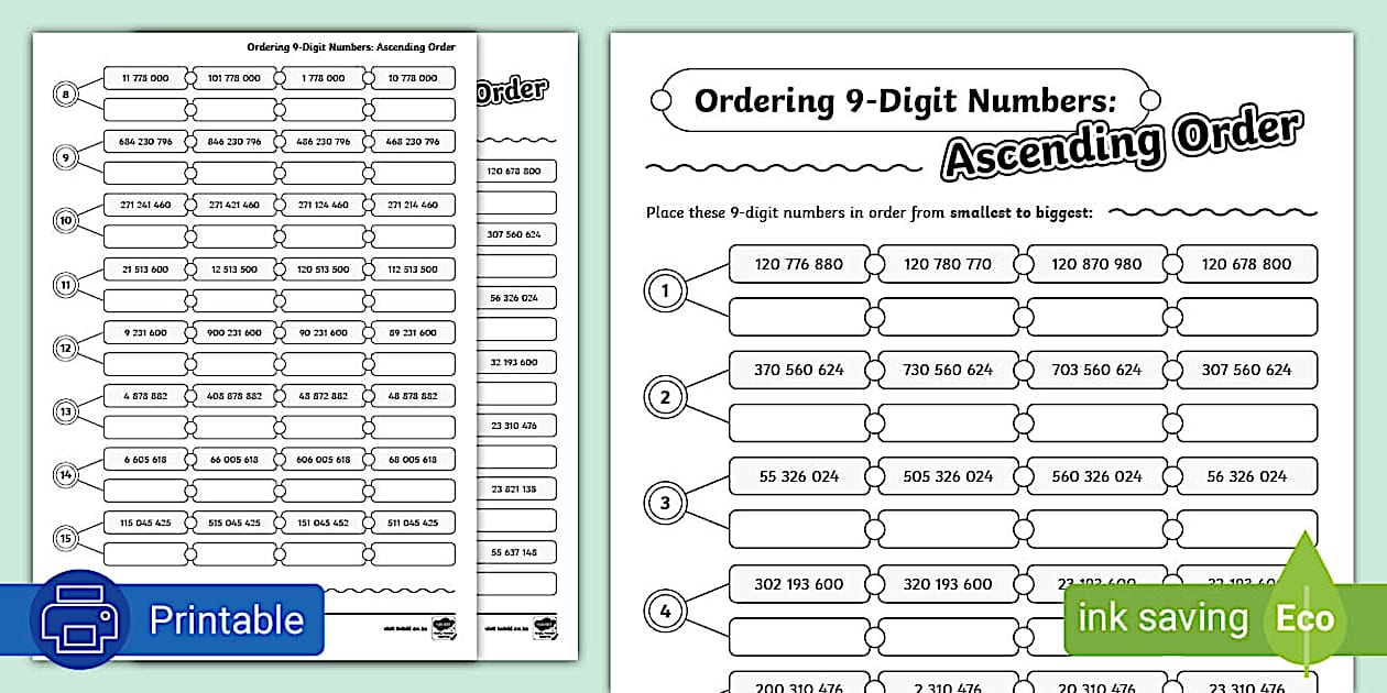 Ordering 9-Digit Numbers – Ascending Order Activity Sheet