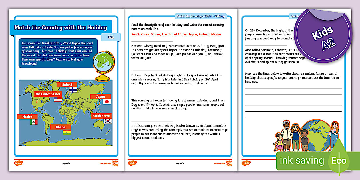 ESL Match the Country with the Holiday Activity [Kids, A2]
