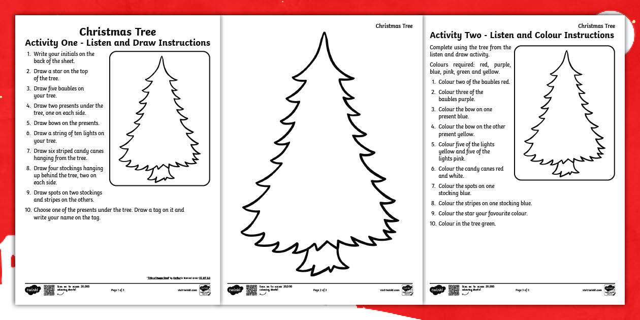 Listen, Draw and Colour Christmas Tree Activity - Twinkl