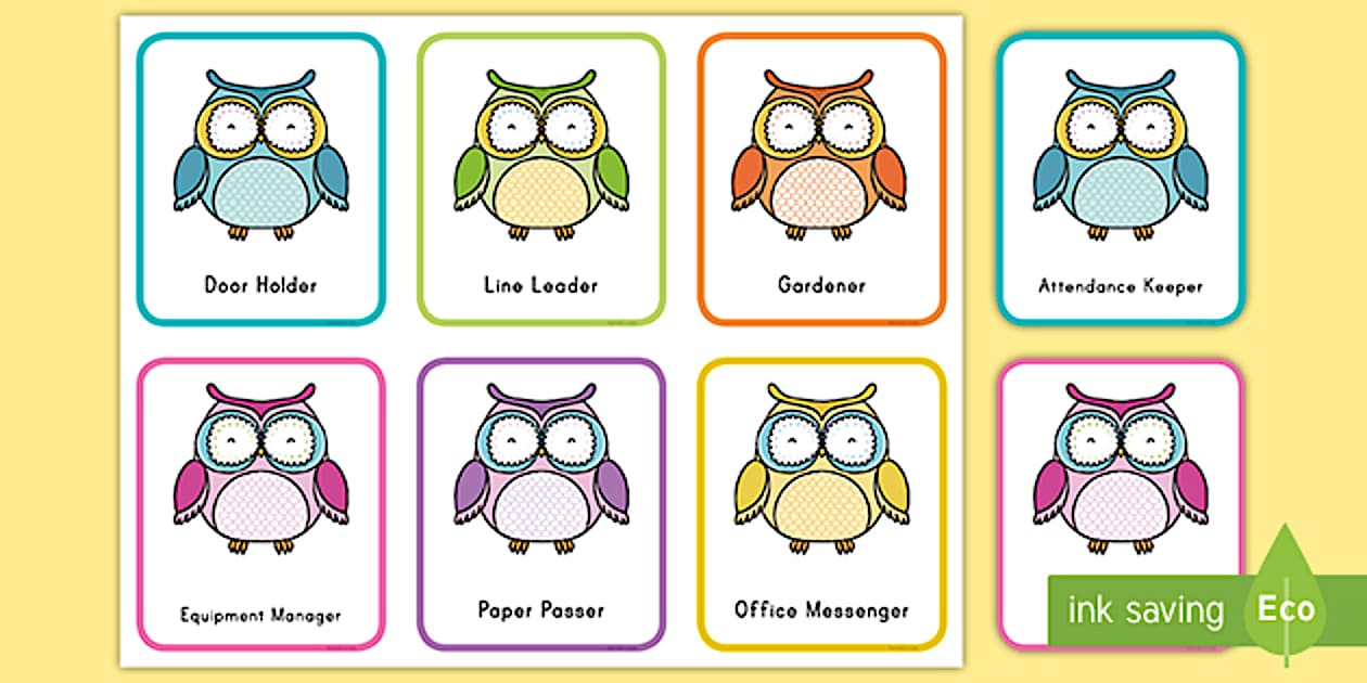 Owls Classroom Jobs Square Cards (teacher made) - Twinkl