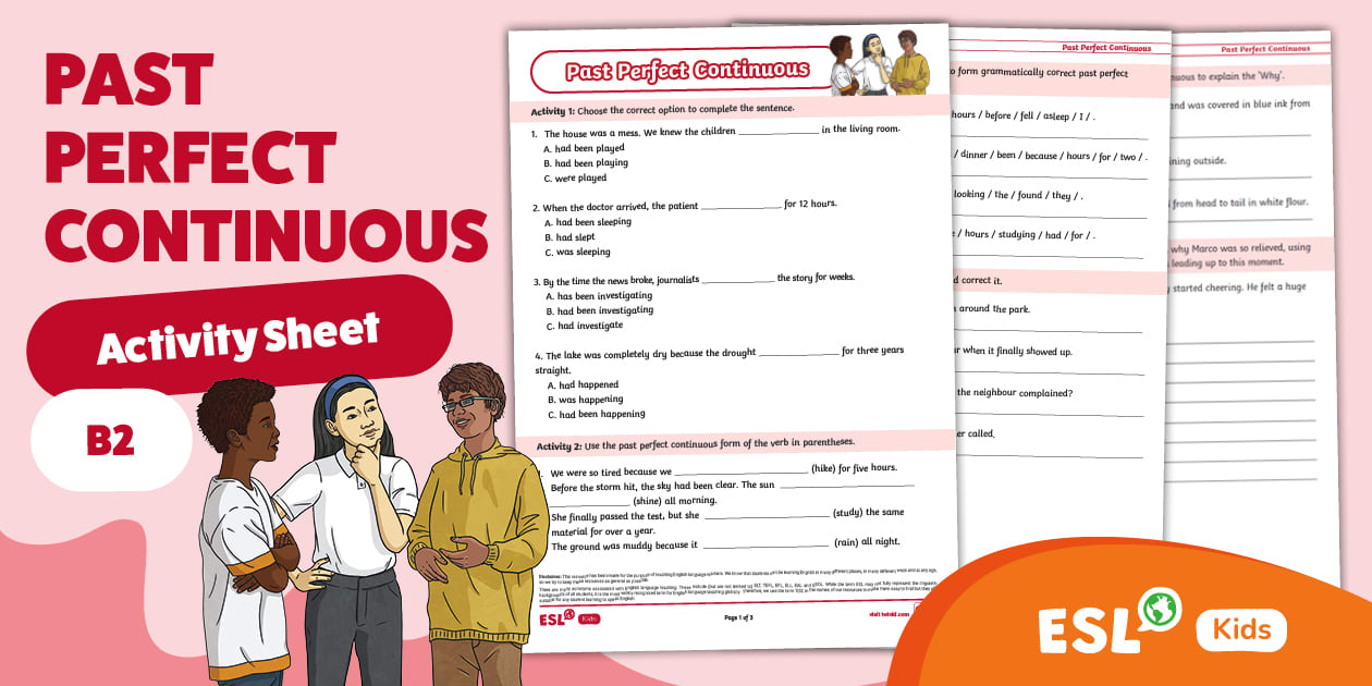 ESL Past Perfect Continuous Activity Sheet for Kids