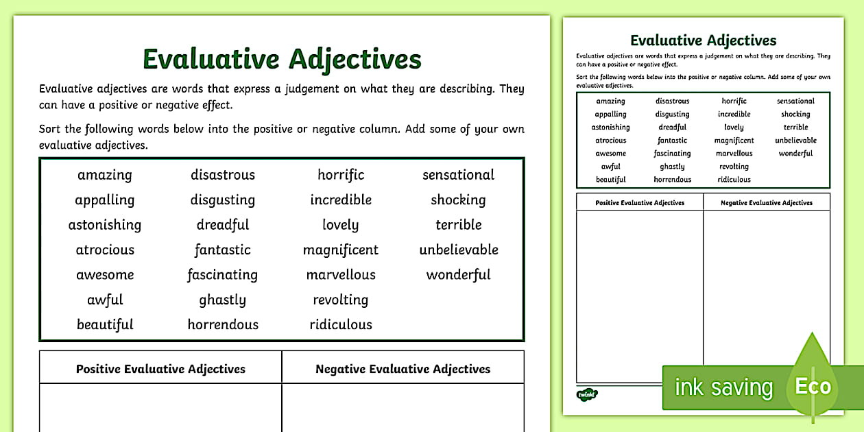 Evaluative Adjectives Sorting Activity - Twinkl