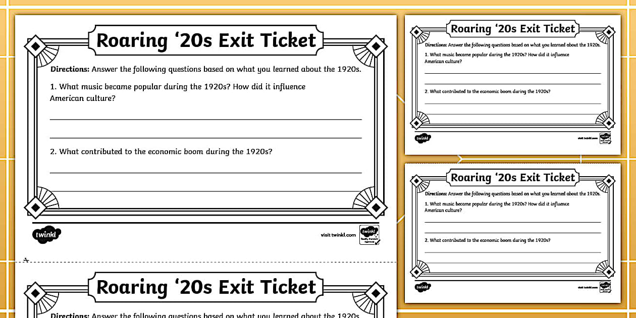 Roaring '20s Exit Ticket for 6th-8th Grade