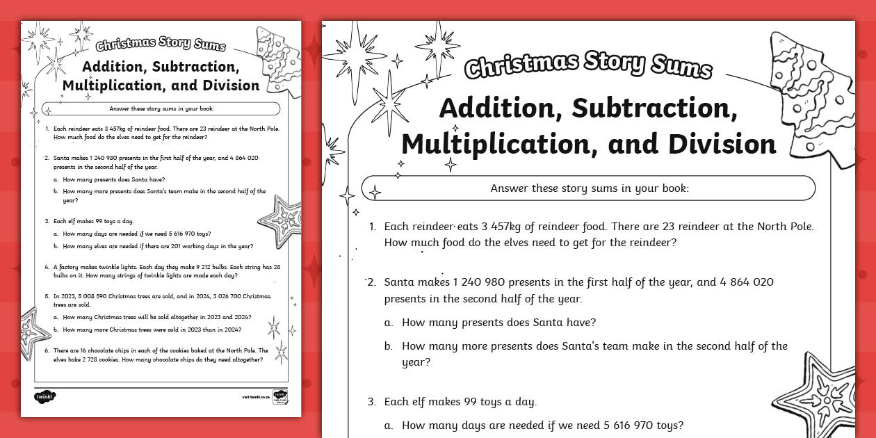 Christmas Story Sums: Addition, Subtraction, Multiplication and Division