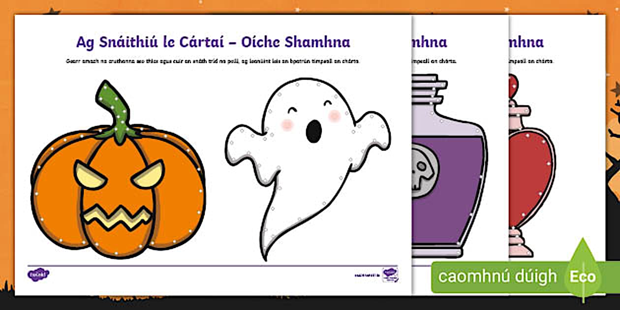 Halloween Aistear Threading Cut-Outs Gaeilge - Twinkl