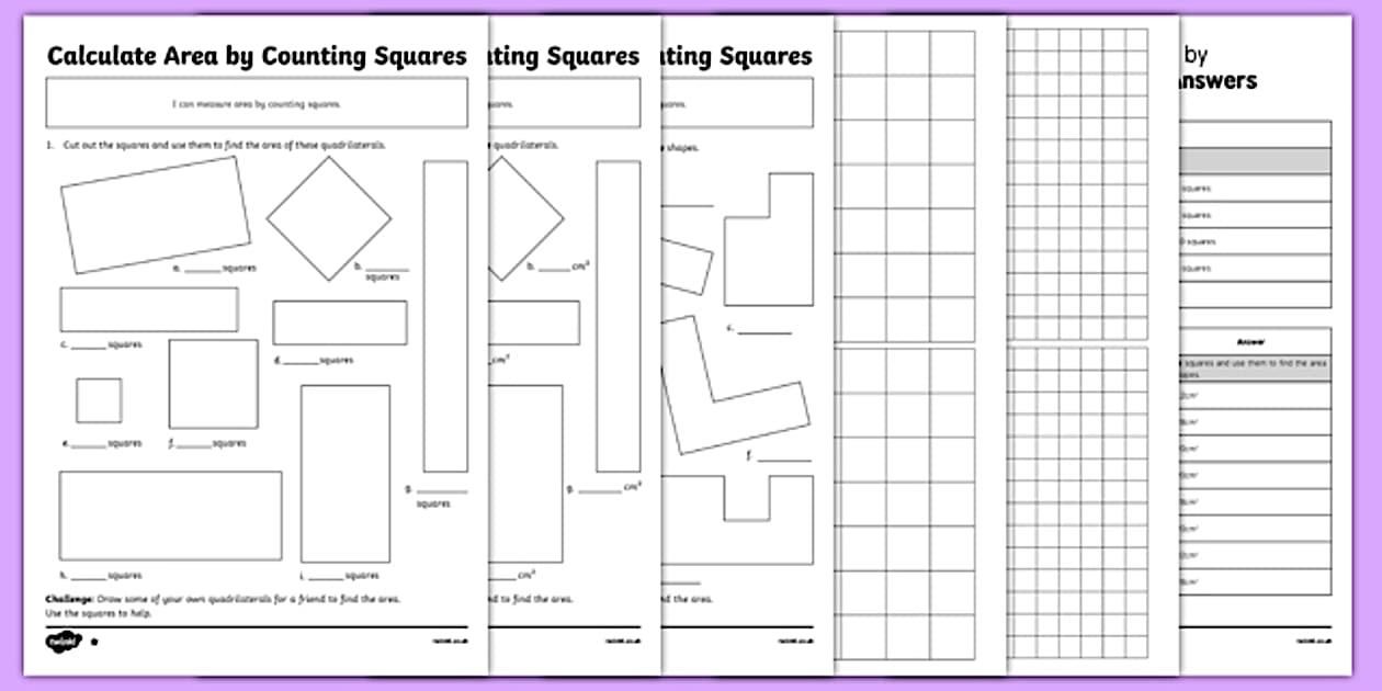 Editable Year 4 Calculate Area by Counting Squares Worksheet Pack