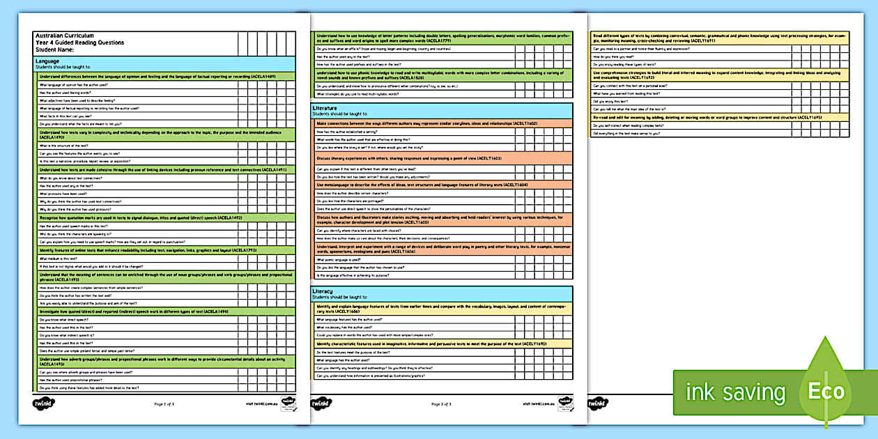 Editable Year 4 Guided Reading Assessment Guidelines Checklist