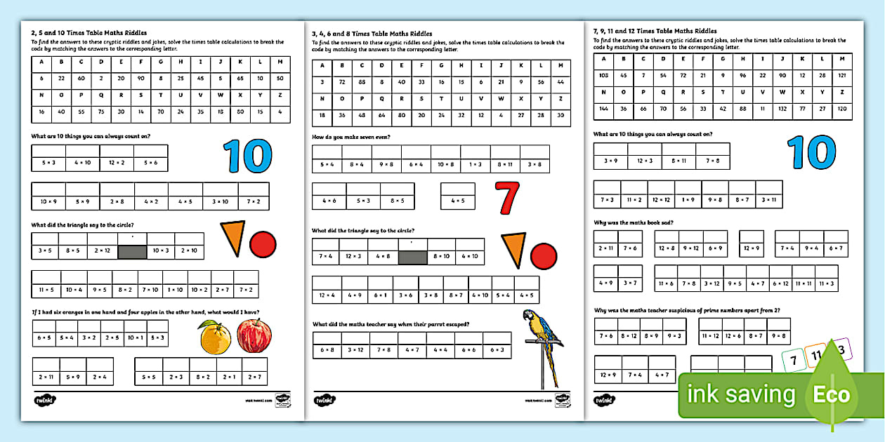 👉 2 to 12 Times Tables Maths Riddles Activity Sheets