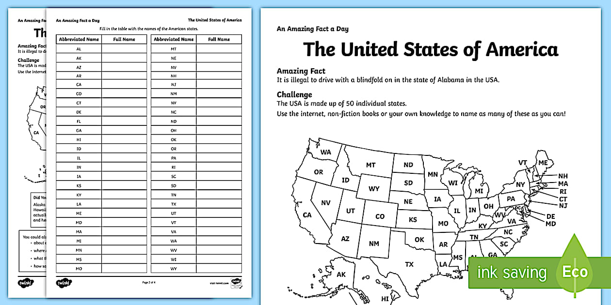 USA States Labelling Activity (Teacher-Made) - Twinkl