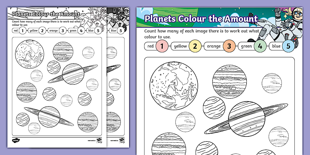 Planets Colour the Amount Worksheet (Hecho por educadores)
