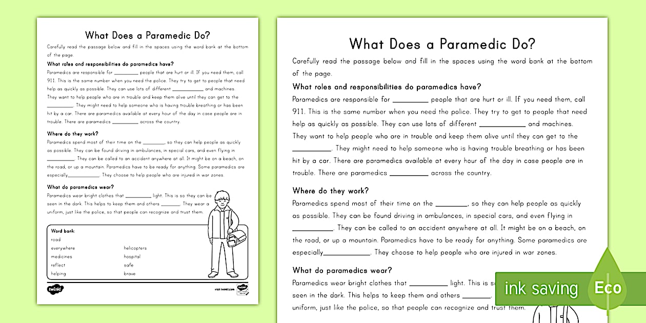 Second Grade What Does a Paramedic Do? Cloze Reading Worksheet