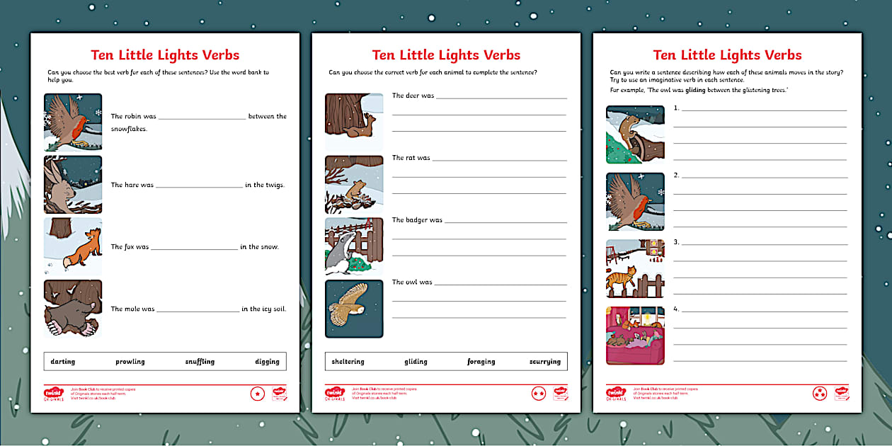 Middle Ability Ten Little Lights Verb Differentiated Worksheets