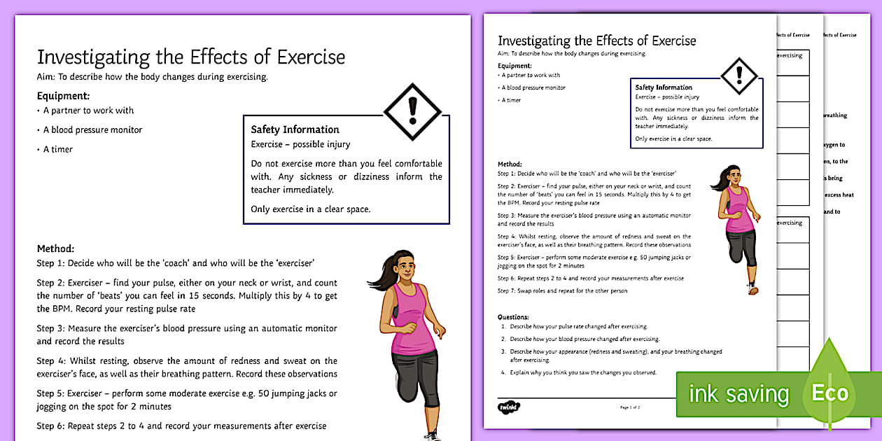 Effects Of Exercise Worksheet Junior Cycle - Twinkl