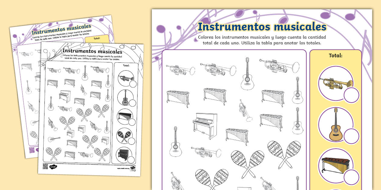 Hoja de actividad: Colorea y cuenta - Instrumentos musicales