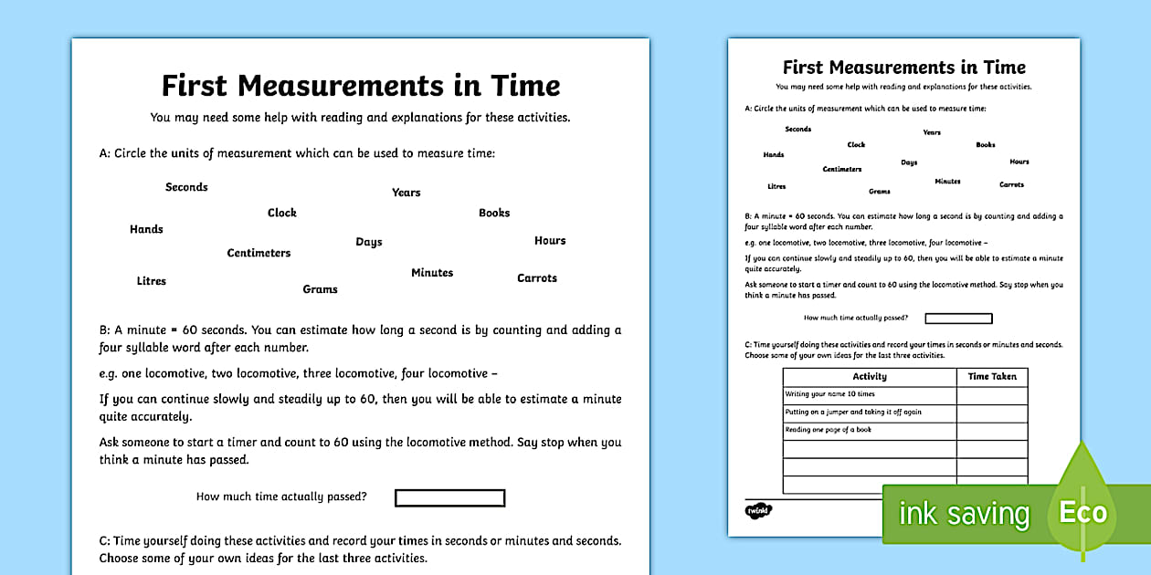 First Measurements in Time Worksheet / Worksheet - Twinkl