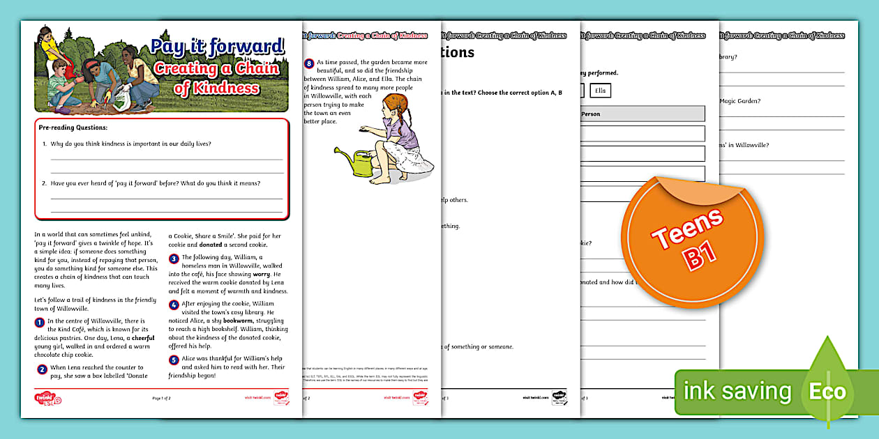 ESL Pay it Forward Reading Comprehension [Teens, B1]
