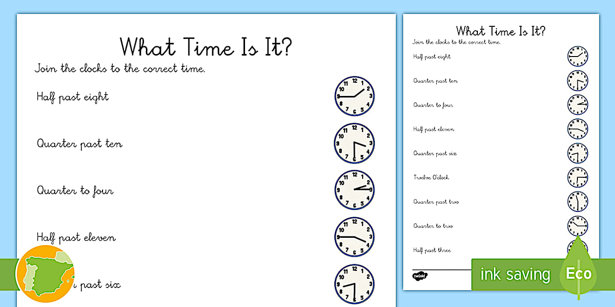 Ficha de actividad A1: Las horas en inglés | Twinkl