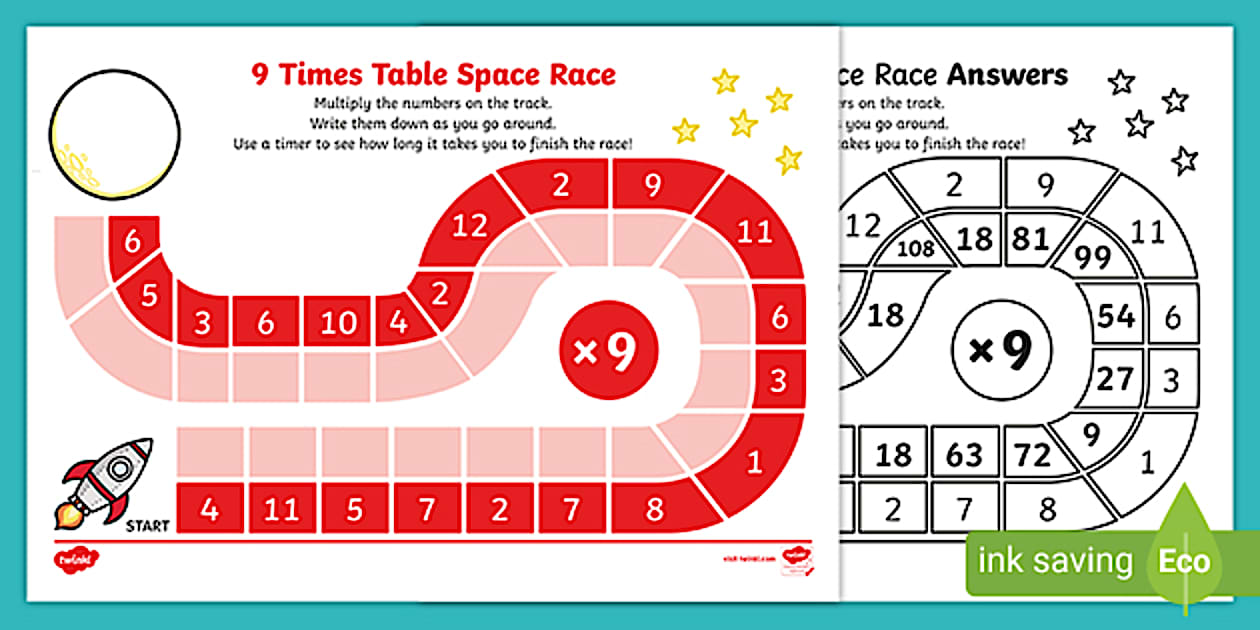 9 Times Table Space Race Worksheet (teacher made) - Twinkl
