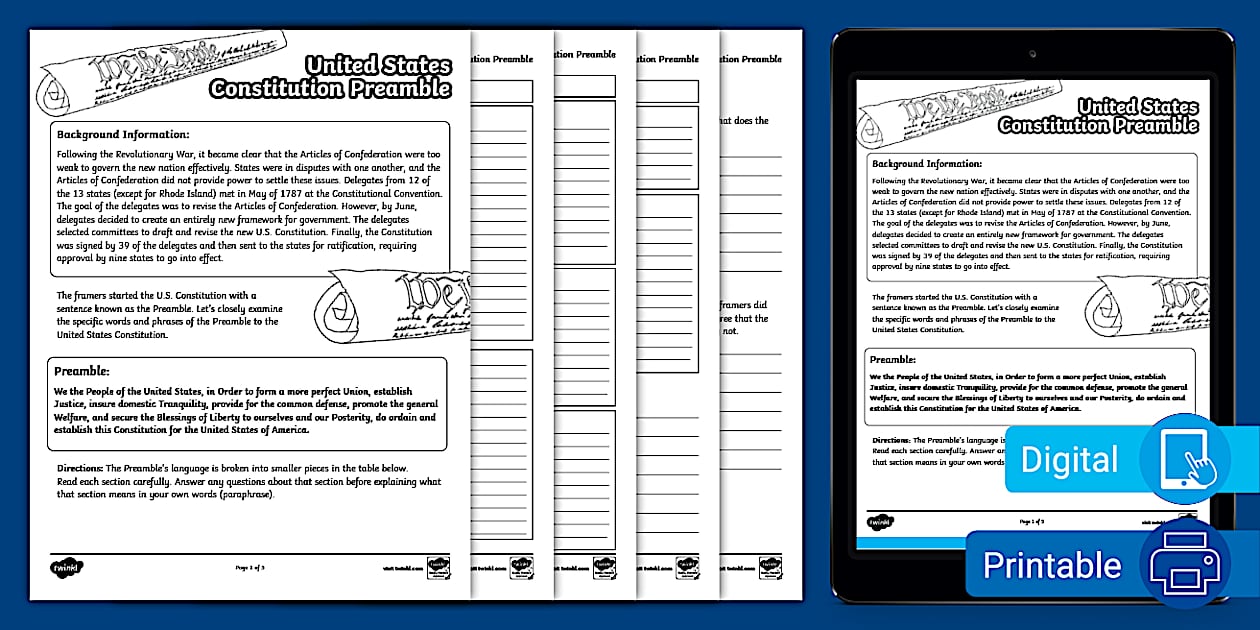 U.S. Constitution Preamble DBQs for 6th-8th Grade - Twinkl